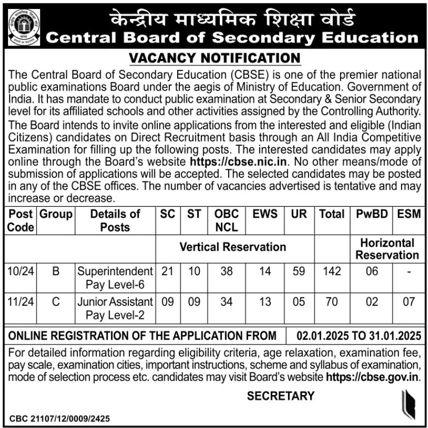 CBSE Recruitment Form 2025 - All City Job