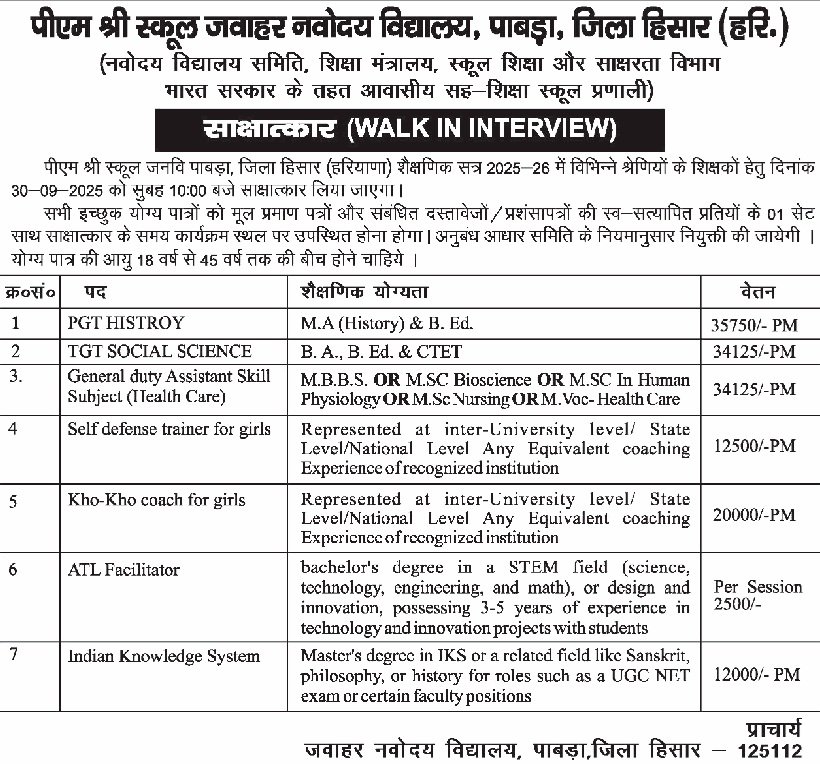 PM Shri School Jawahar Navodaya Vidyalaya Pabra Hisar Recruitment 2025 ...